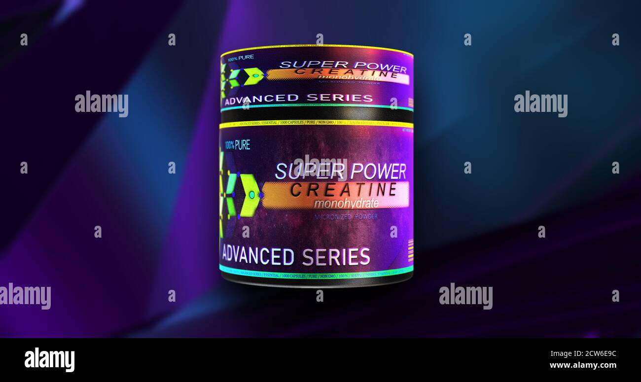 Creatine supplement container. Colorful sport dietary nutrition package ...