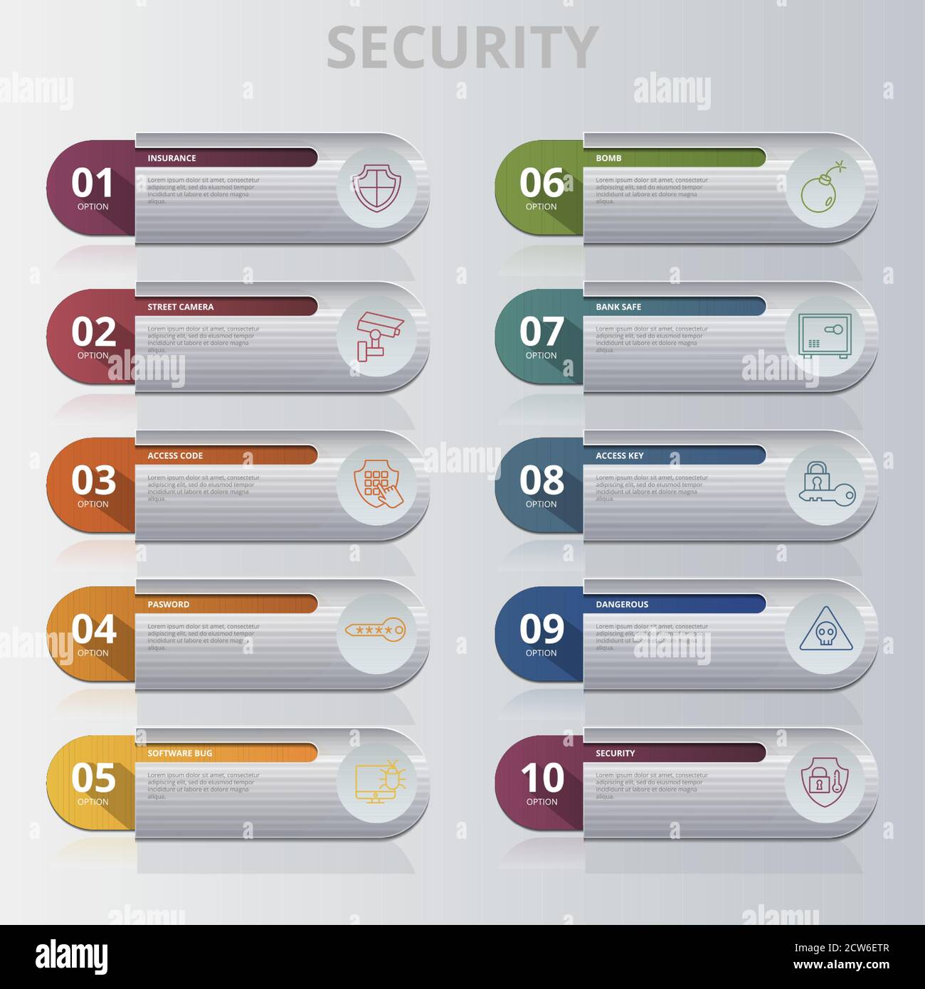 Infographic Security template. Icons in different colors. Include ...
