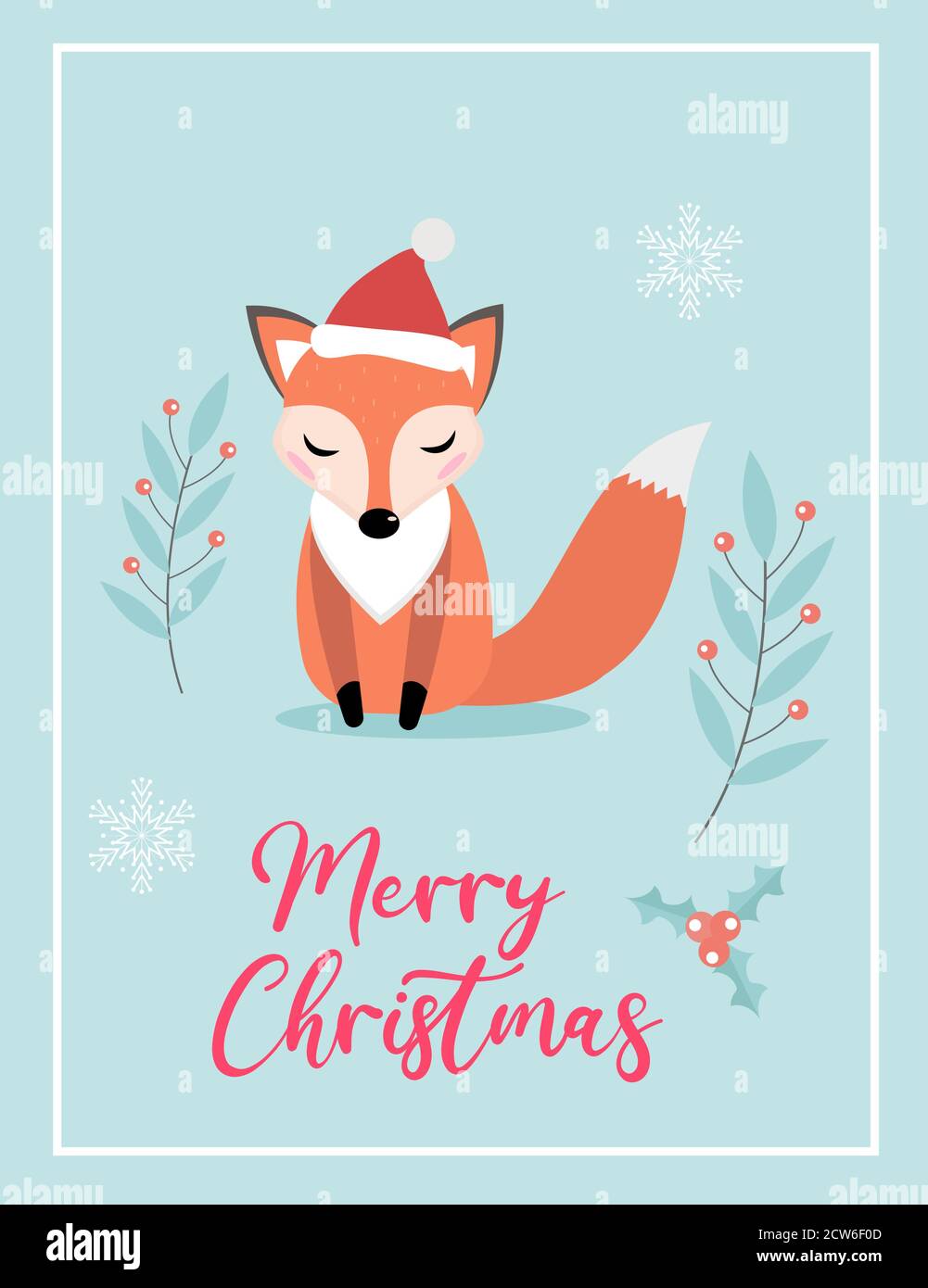Merry christmas cute card with fox in santa hat. Winter holidays new ...