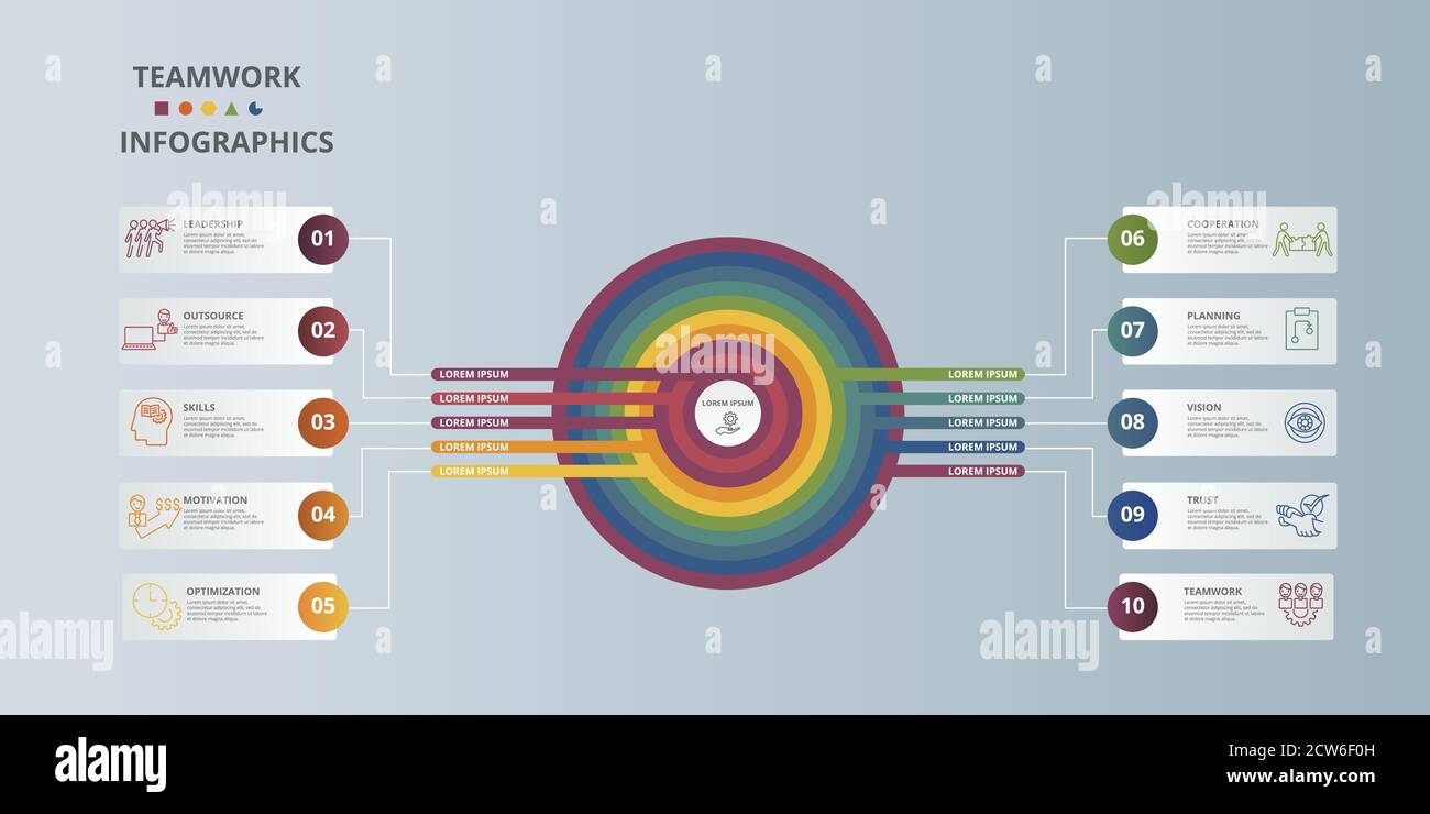 Infographic Teamwork template. Icons in different colors. Include ...