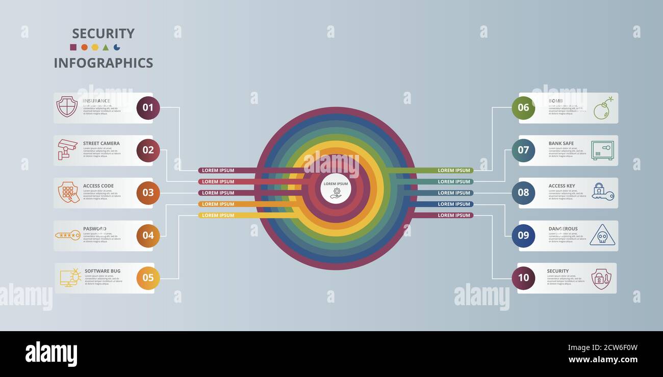 Infographic Security template. Icons in different colors. Include ...