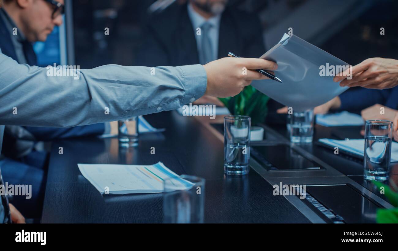 In the Corporate Meeting Room Close-up on the Hands of Businessperson ...