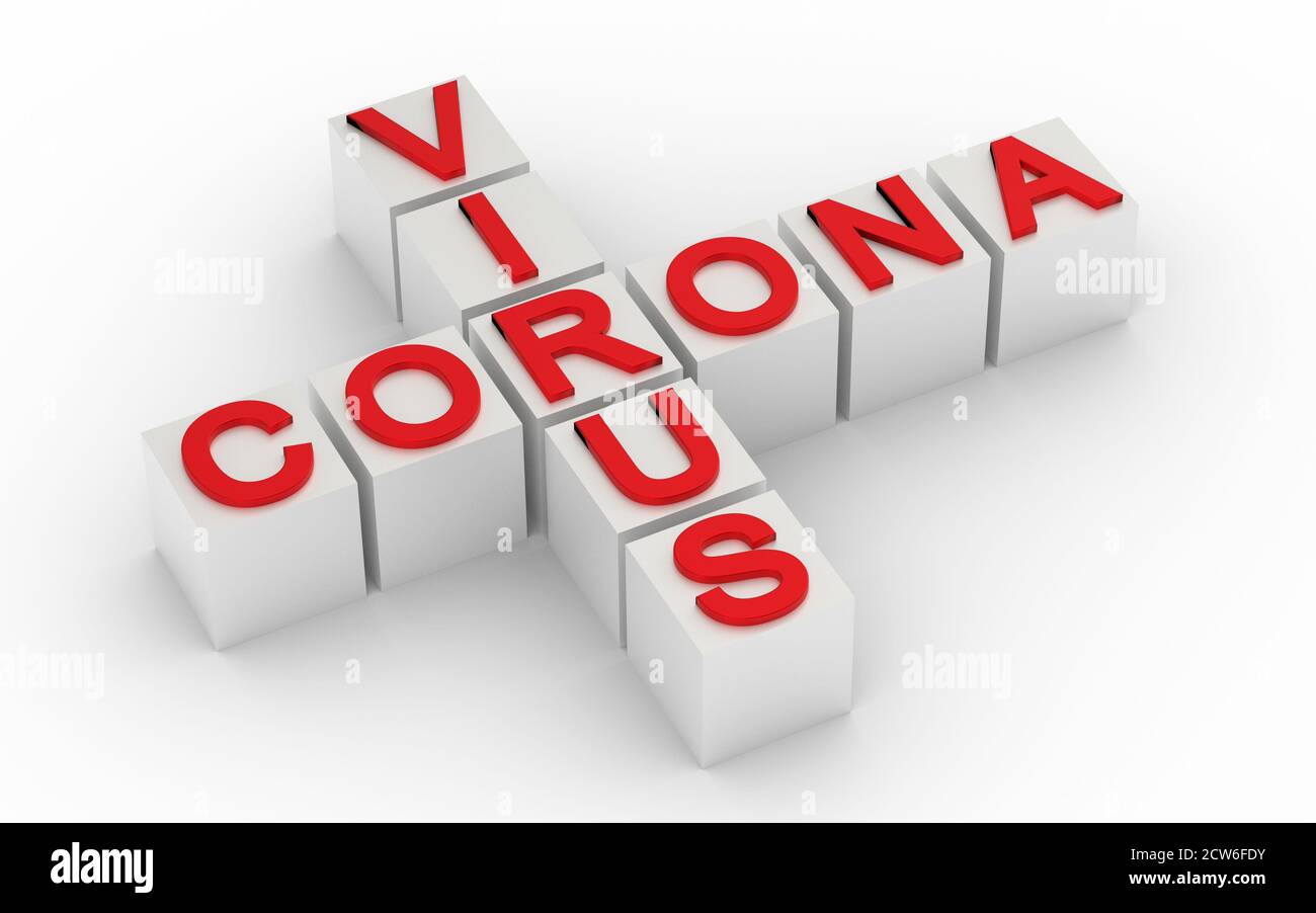 Word Corona virus on cubes isolated on white background. 3d rendering ...