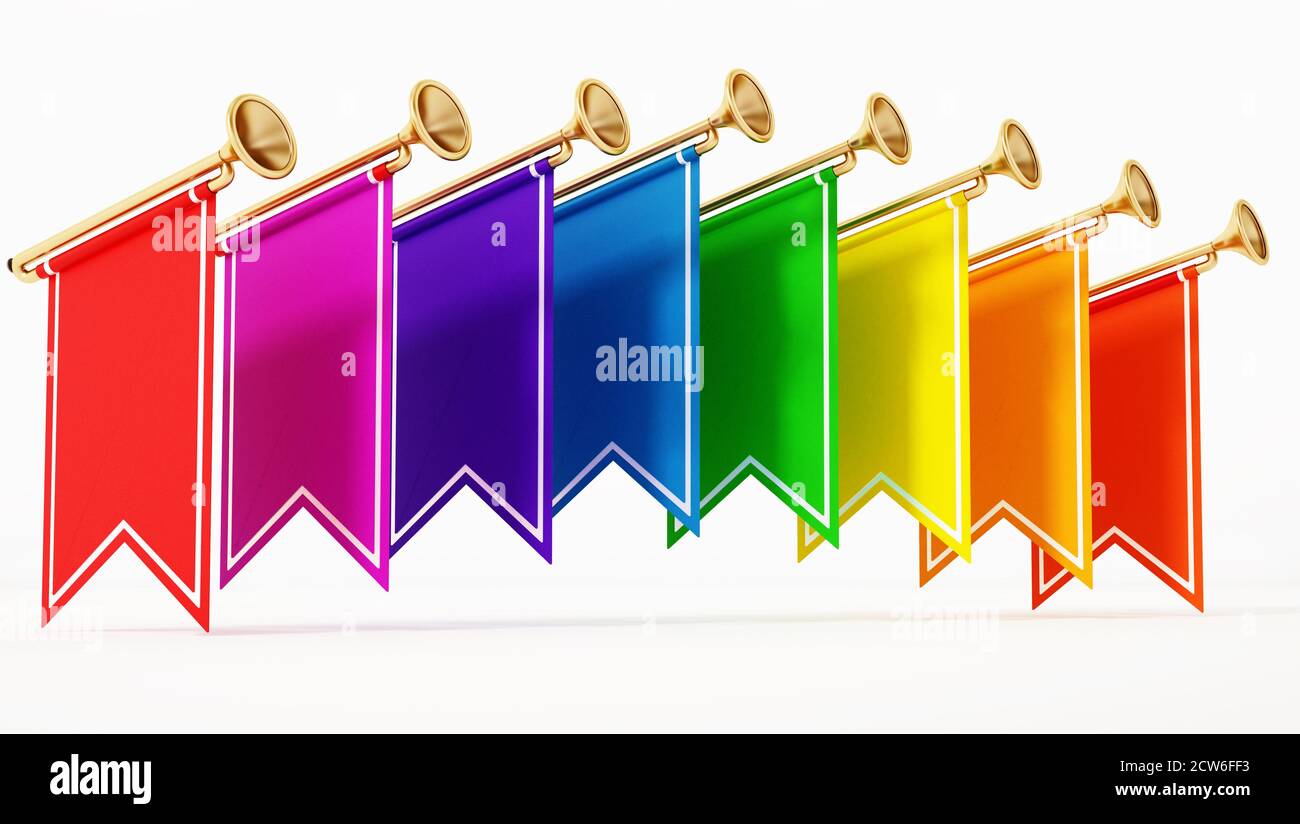 Trumpets with colored flags isolated on white background. 3D ...