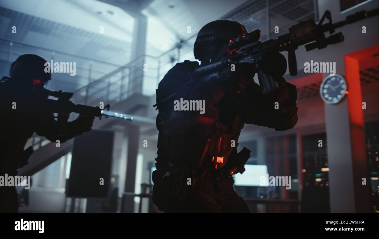 Close Up Portrait of Masked Armed SWAT Police Officer Storm a Dark ...