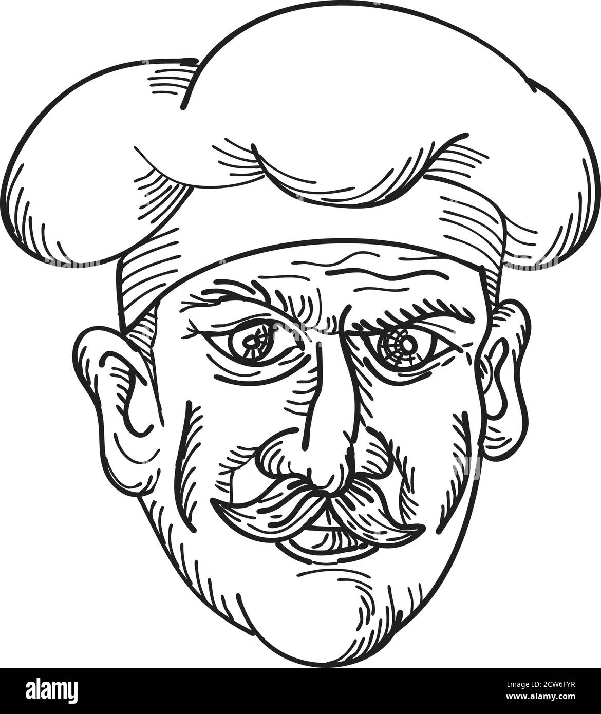 Drawing sketch style illustration head of an Italian chef, cook, baker ...