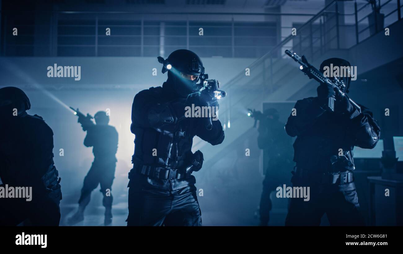 Masked Squad of Armed SWAT Police Officers Stand in Dark Seized Office ...