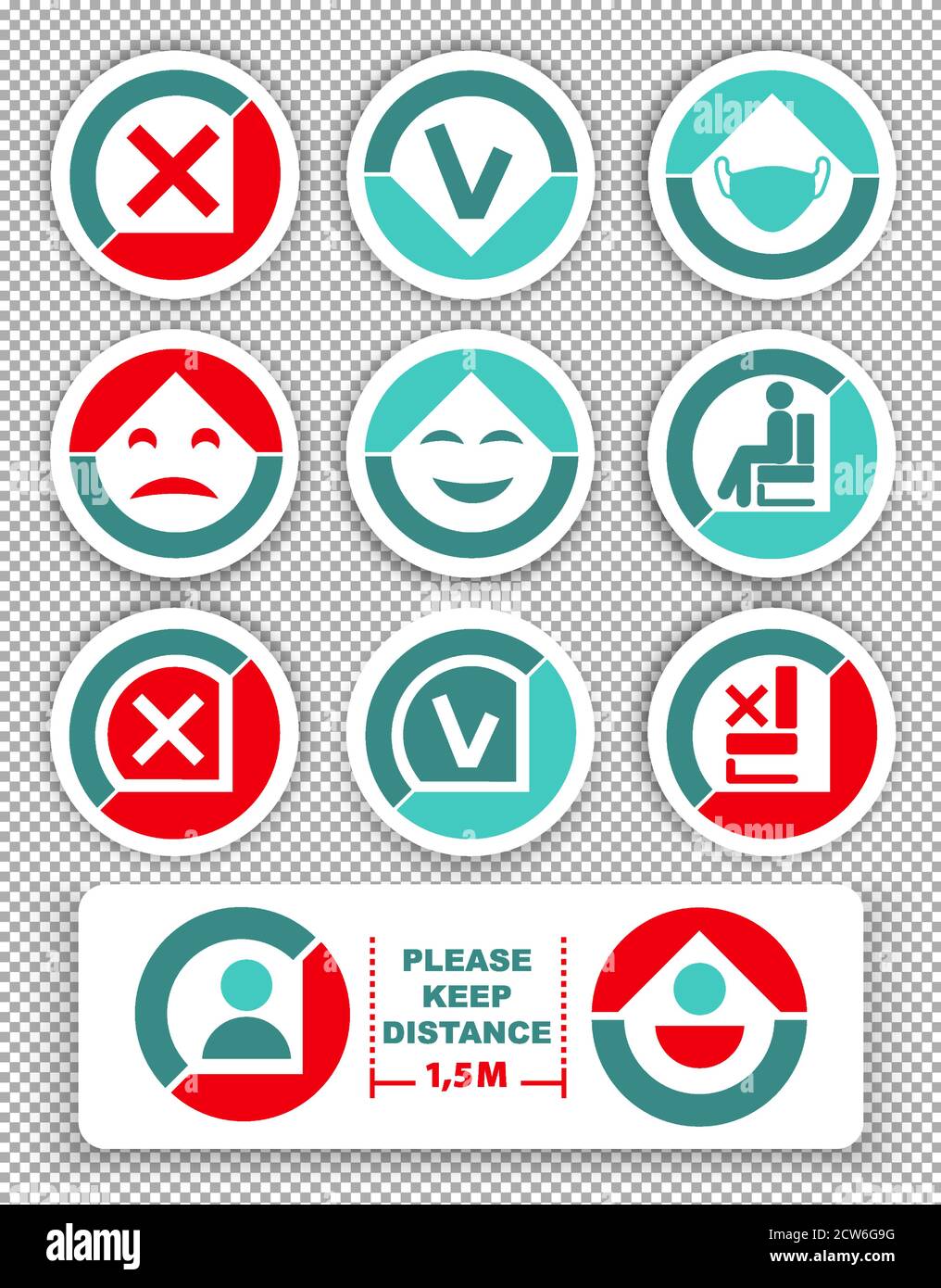 Warning icons on transparent background.. Keep distance between people ...