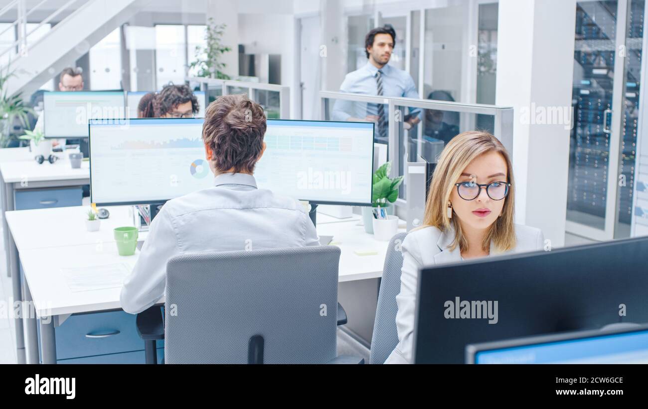 In the Bright Busy Office Rows of Diverse Professionals Working on ...