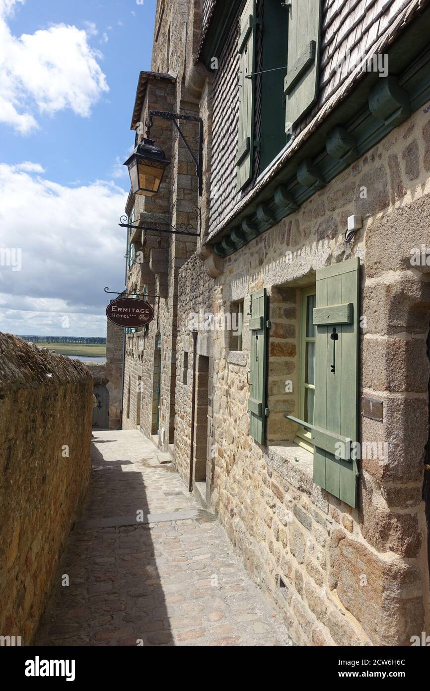 Mont St Michel, France: July 2020; Narrow alleyway in the old town of ...