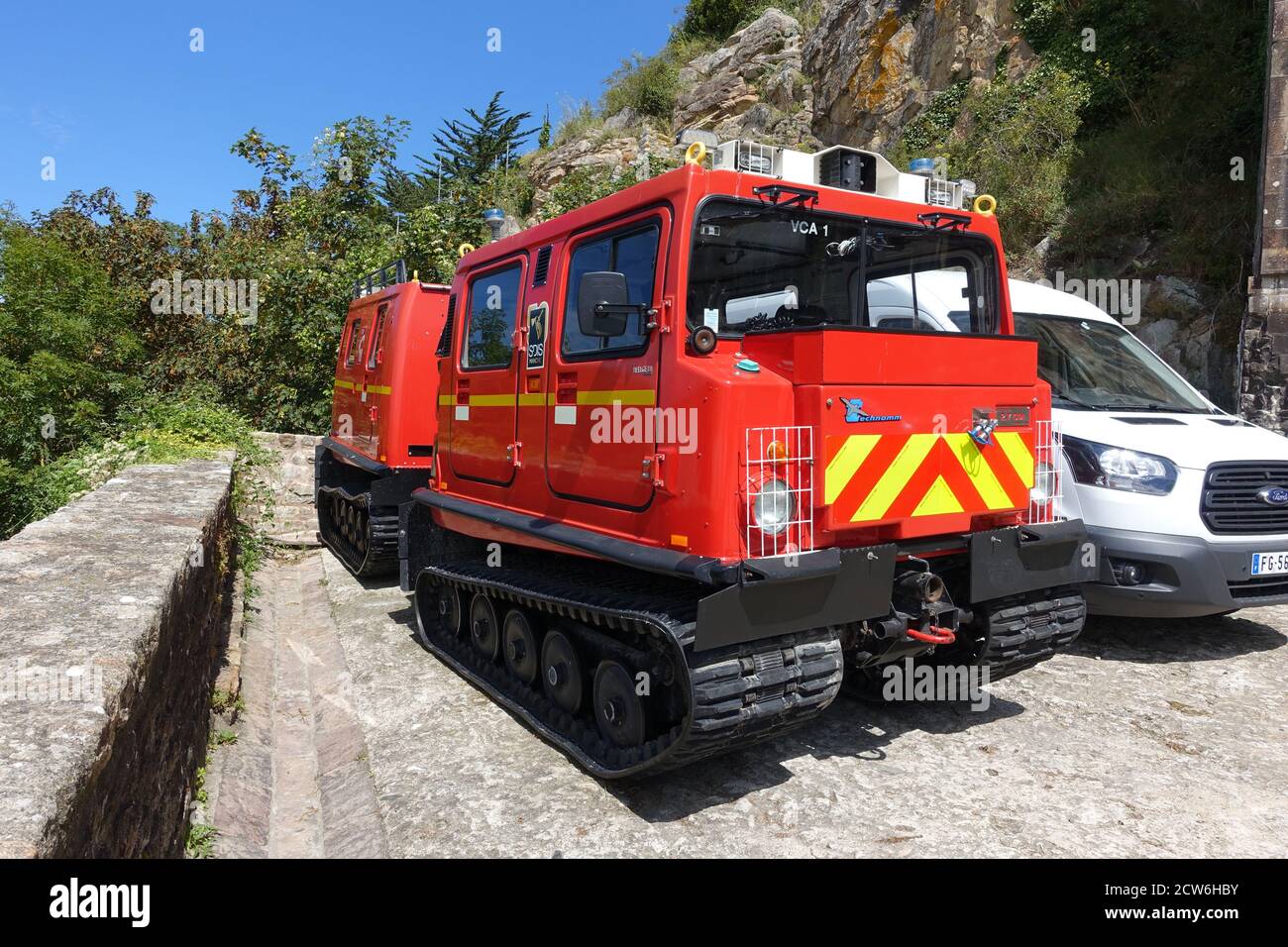 Mont St Michel, France July 2020; Universal caterpillar rescue vehicle ...