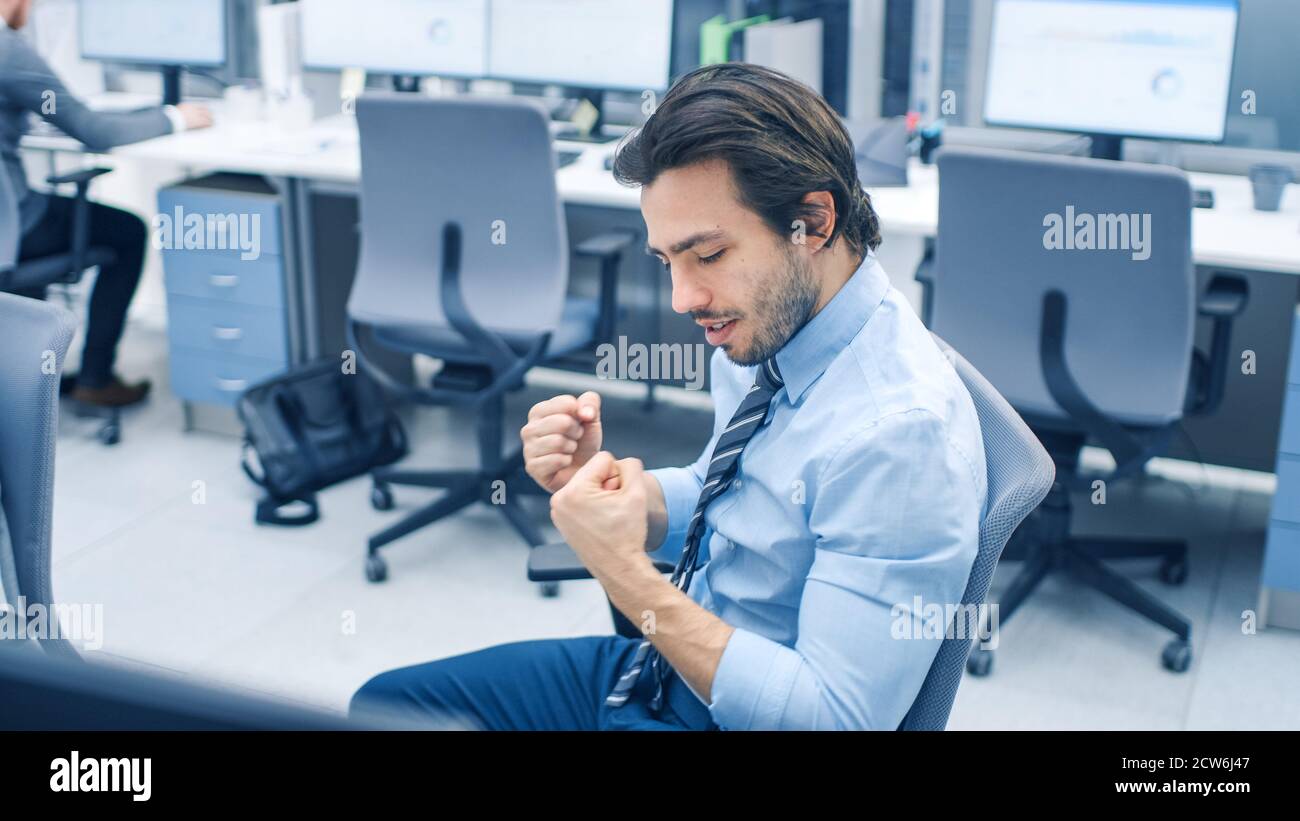 Handsome Tie Wearing Office Worker Uses Desktop Computer, Achieves ...