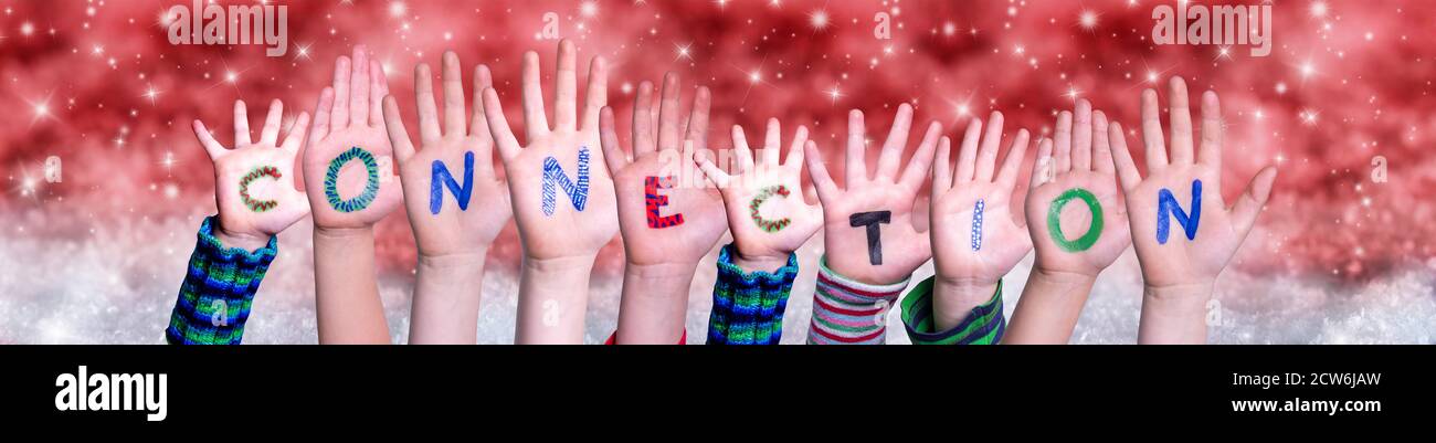Children Hands Building Word Connection, Red Christmas Background Stock ...