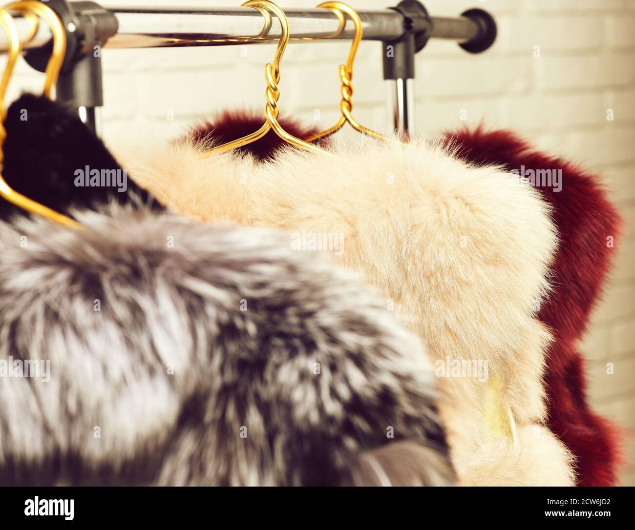 fashionable luxurious waist coats of fur hanging on rack on golden ...