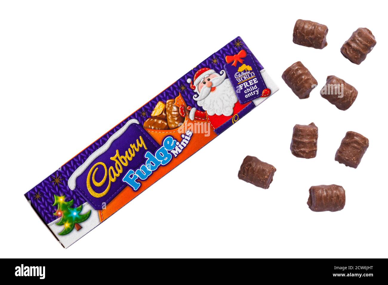 box of Cadbury Fudge minis opened to show contents isolated on white ...