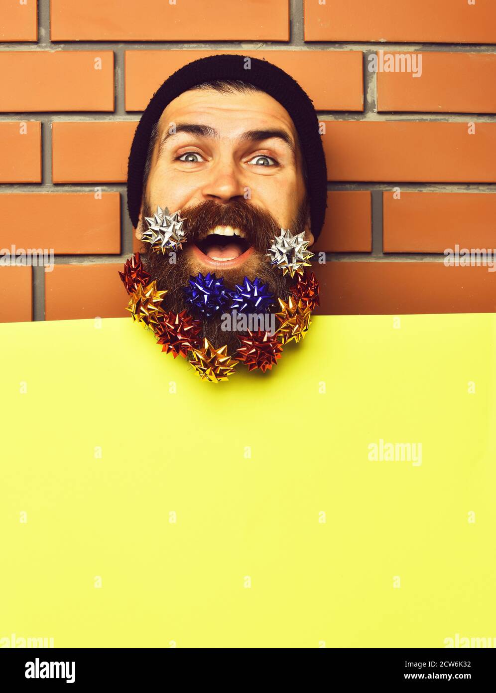 Bearded man, long beard. Brutal caucasian happy hipster with colorful ...