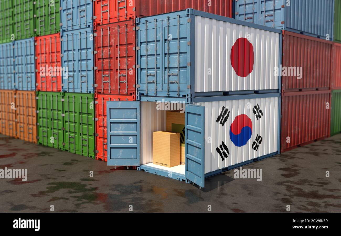 Freight containers with Japan and South Korea flag. 3D Rendering Stock ...