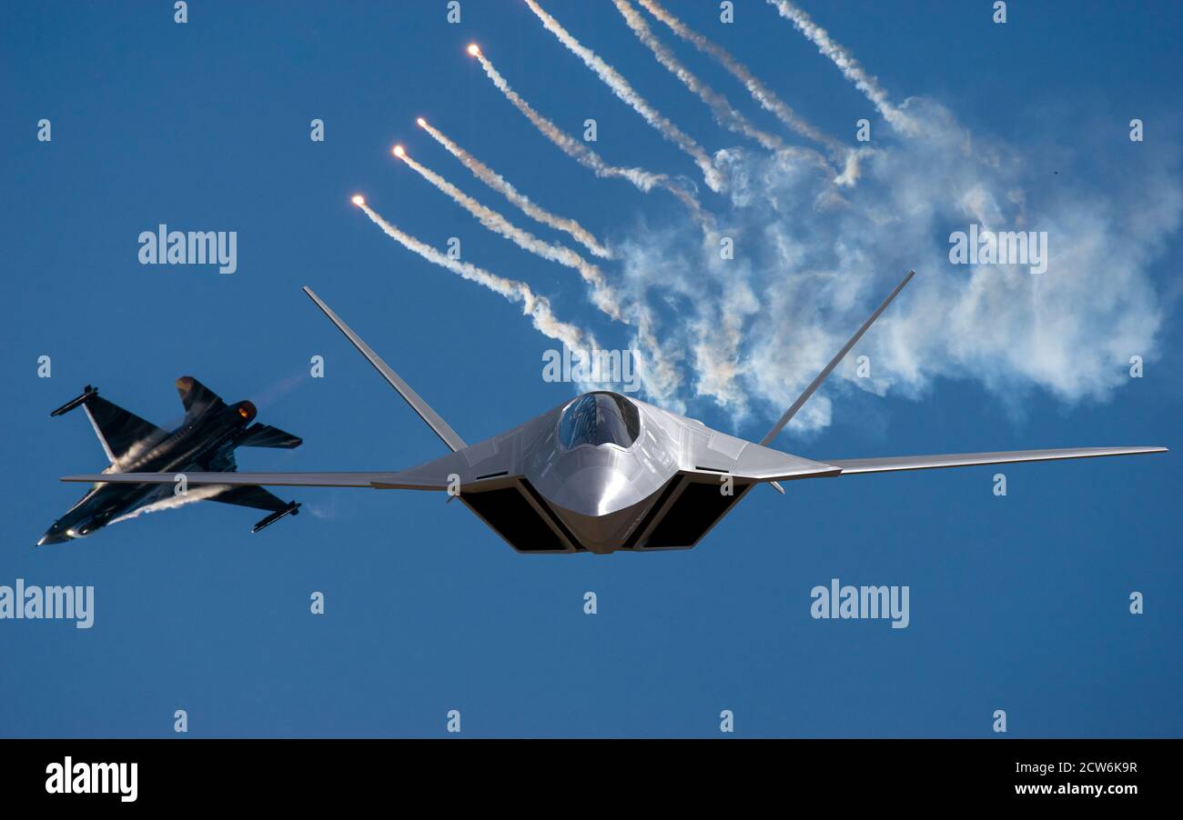 General Dynamics F-16 Fighting Falcon in a defensive maneuver during a ...