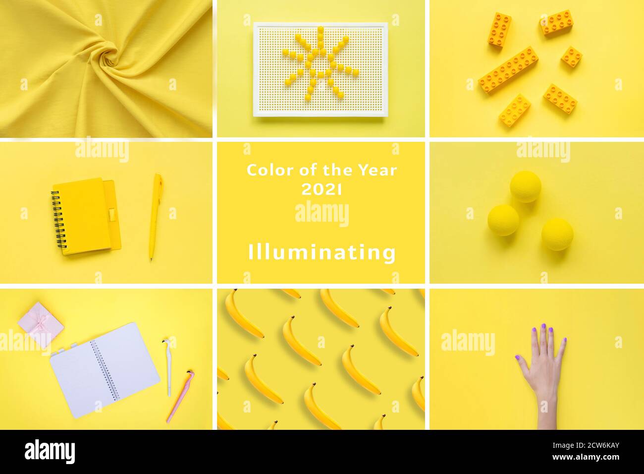 Yellow collage, concept color of year 2021. Nine different photo and ...