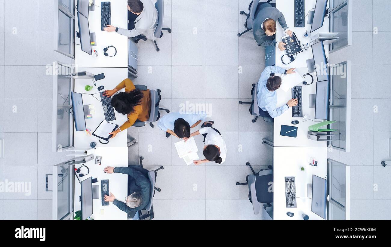 Top Down Shot of Big Busy Corporate Office with Tow Rows off ...
