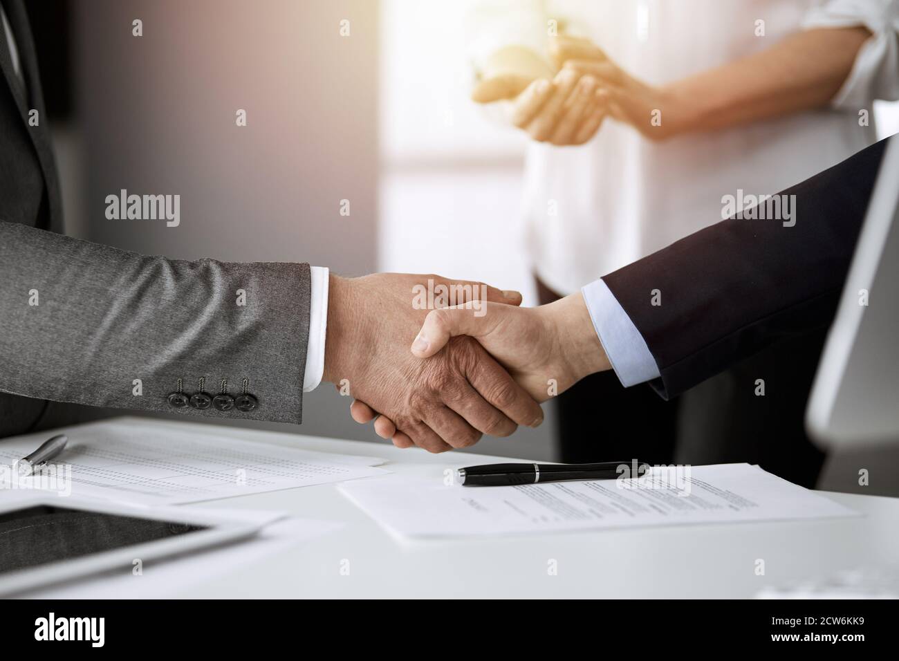 Business people shaking hands finishing contract signing in sunny ...