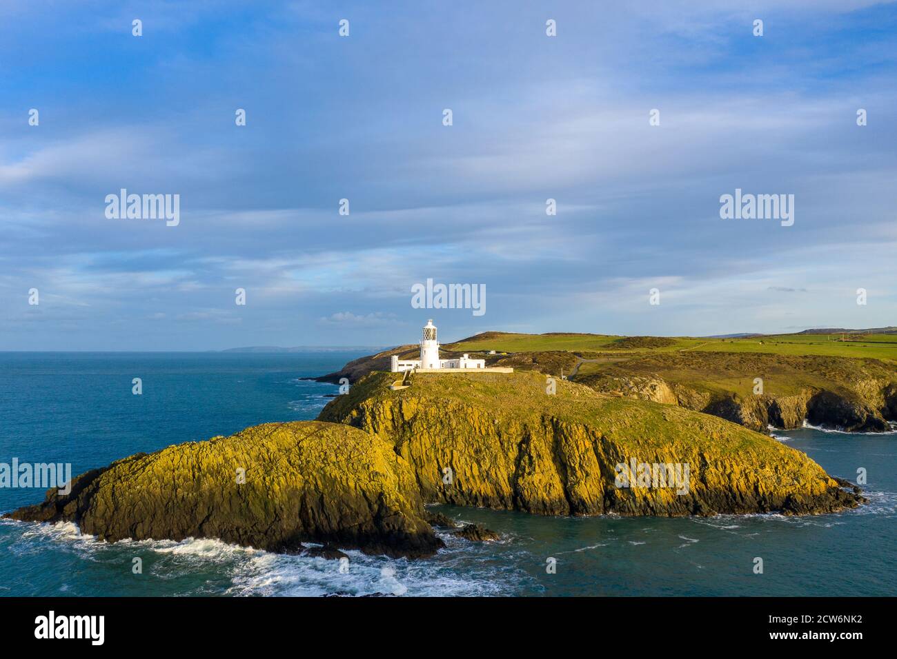 Aerial view of Strumble Head Lighthouse, near Goodwick, Pembrokeshire ...