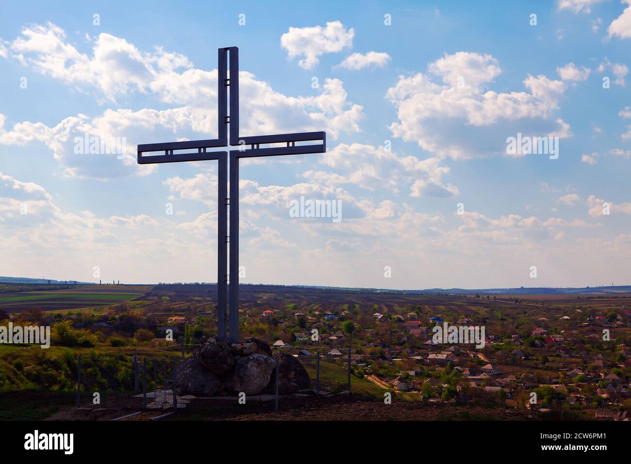 Holy Cross on the hill top . Rustic landscape view Stock Photo - Alamy