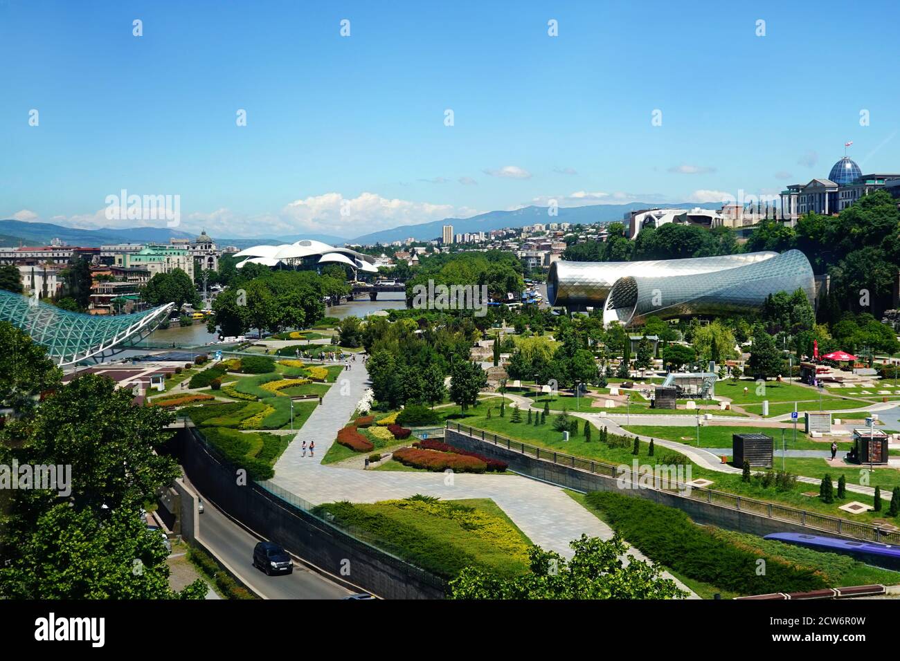 Top view on the Tbilisi city, Georgia. Sunny clear day, Rike Park and ...