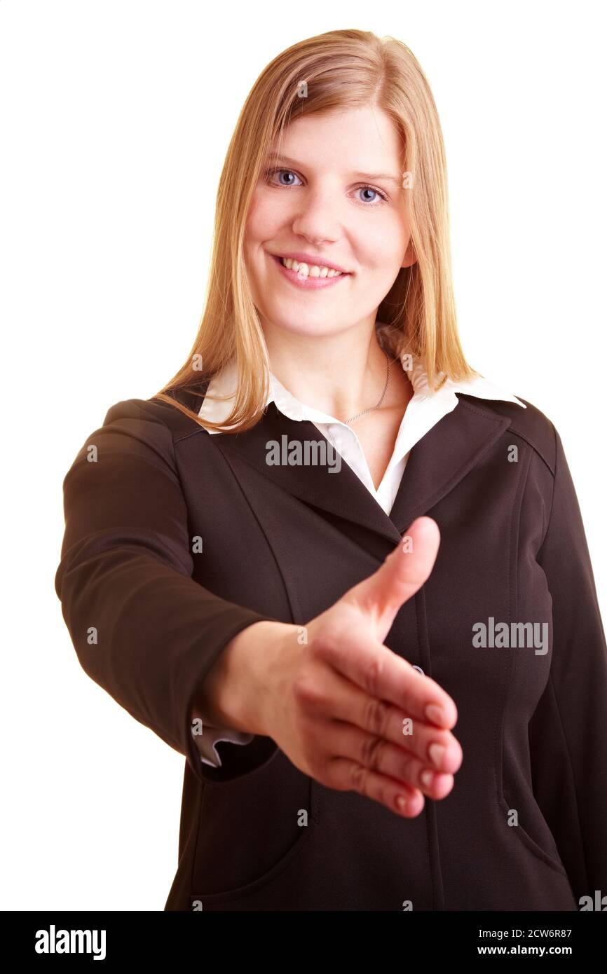 Blonde businesswoman holds out her hand Stock Photo - Alamy