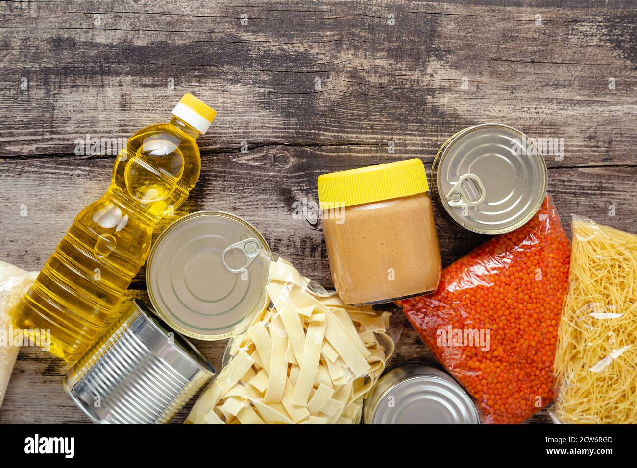 Donations food: set of staple products raw cereals canned food, grocery ...