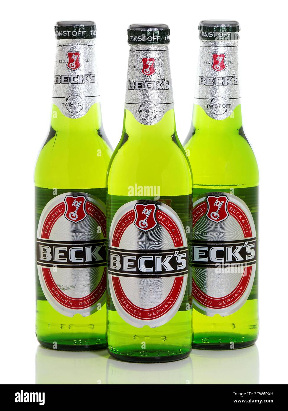 BUCHAREST, ROMANIA - MAY 29, 2015. Beck's glass bottle beer, a brand ...