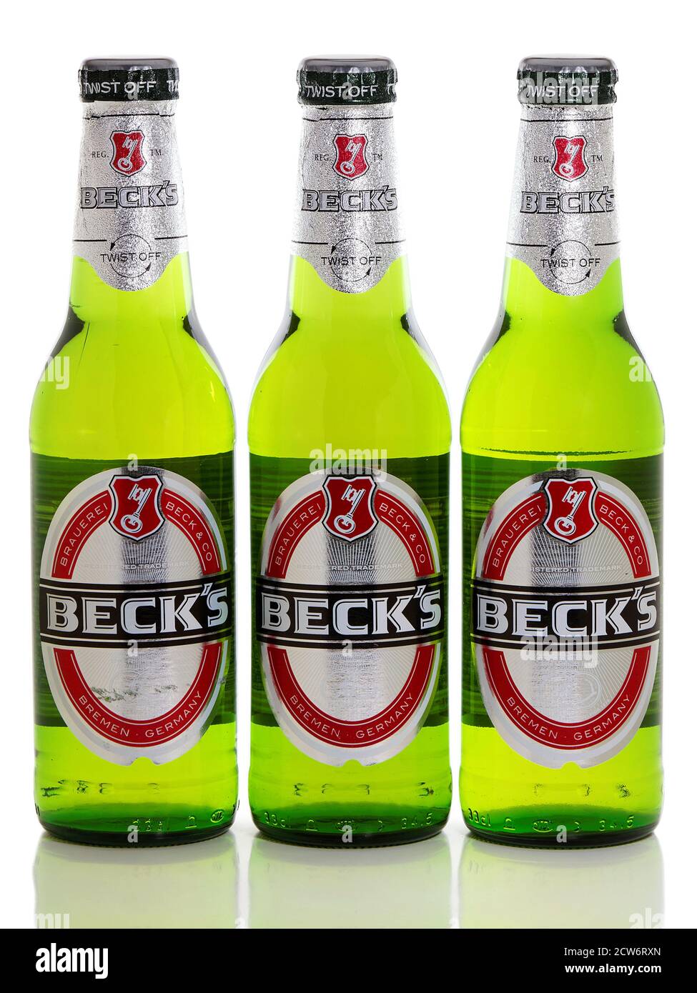BUCHAREST, ROMANIA - MAY 29, 2015. Beck's glass bottle beer, a brand ...