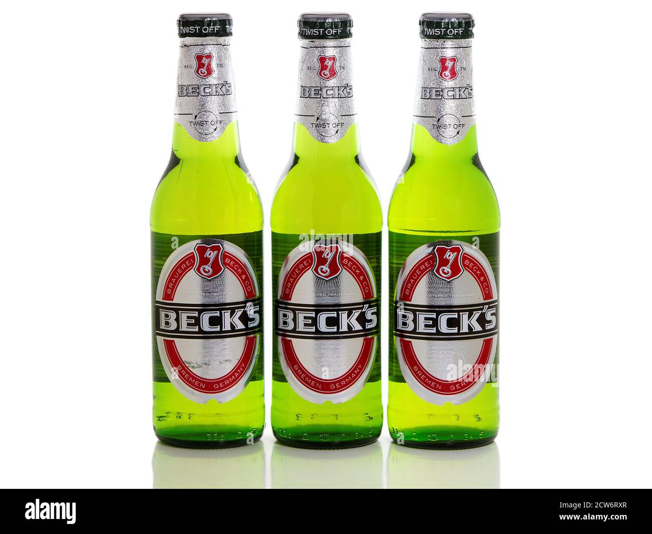 BUCHAREST, ROMANIA - MAY 29, 2015. Beck's glass bottle beer, a brand ...