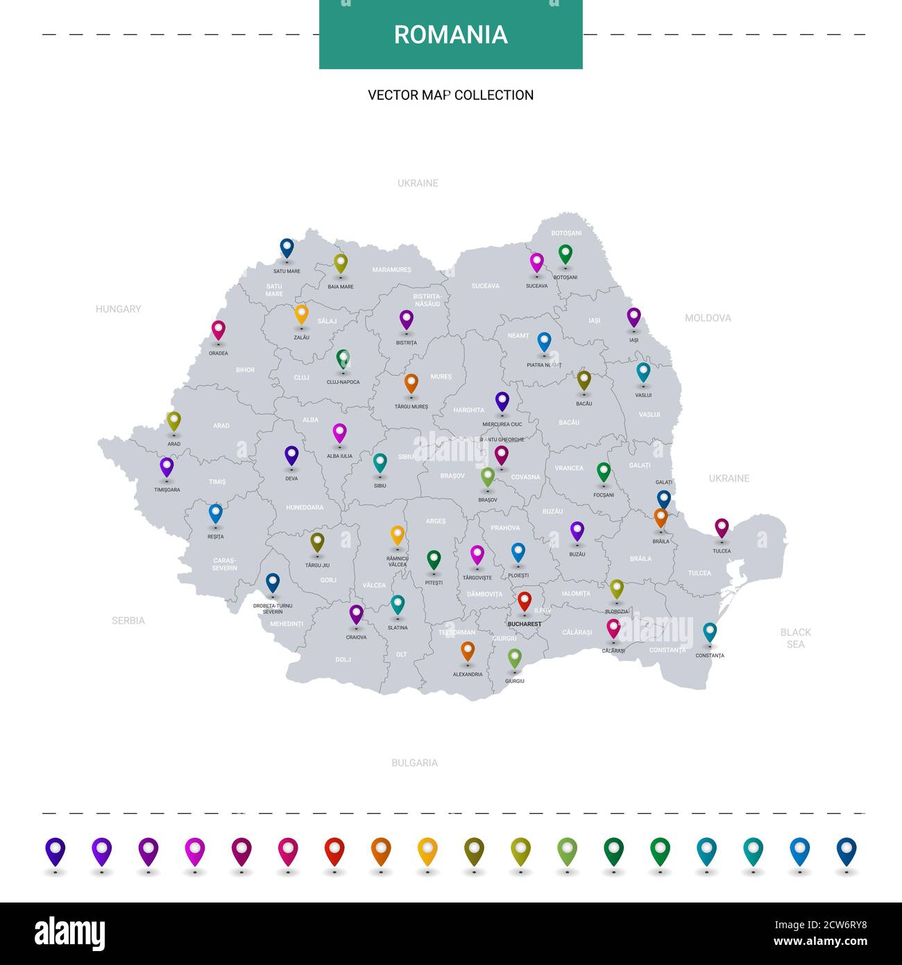 Romania map with location pointer marks. Infographic vector template ...