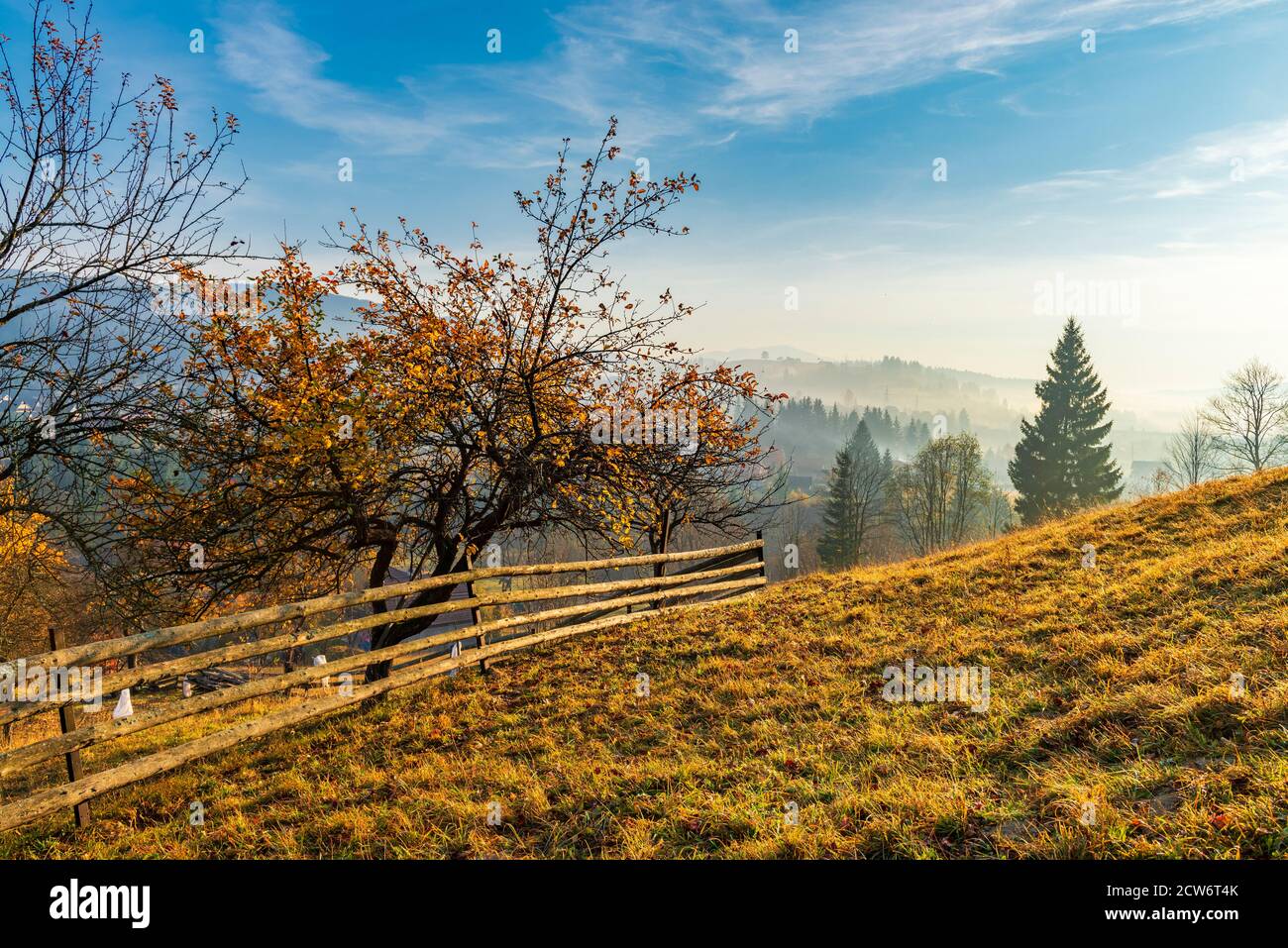 Amazing autumn in the countryside. Wooden fence, yellow trees and ...