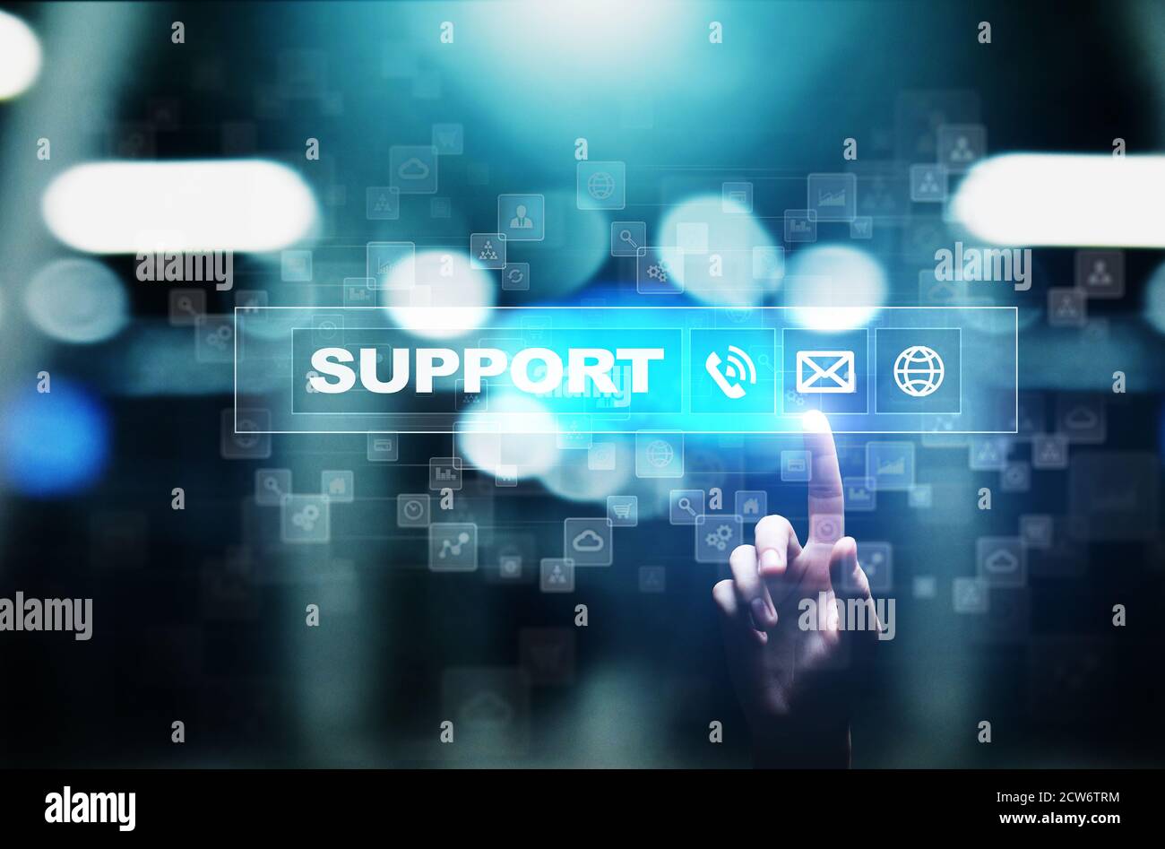 Support button on virtual screen. Customer service and communication ...