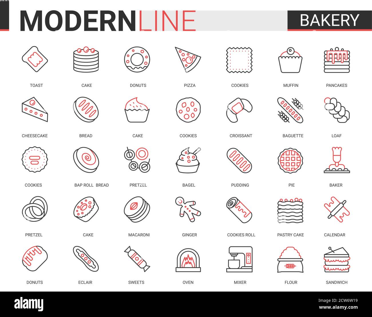 Bakery red black thin line icon vector illustration set. Sweet food ...