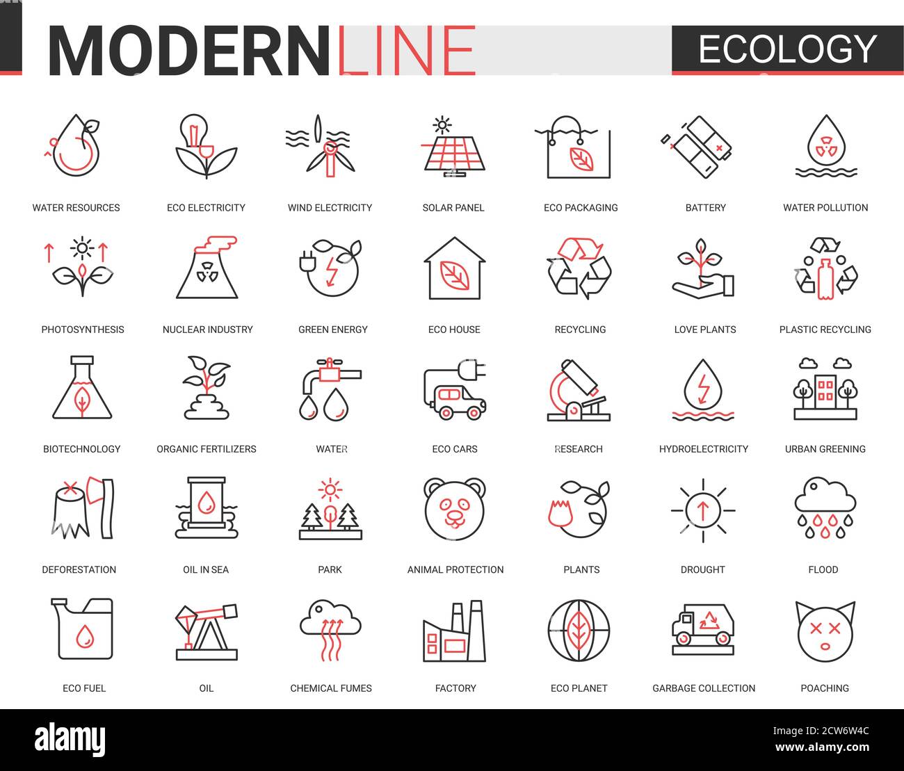 Ecology flat line icon vector illustration set. Red black thin linear ...
