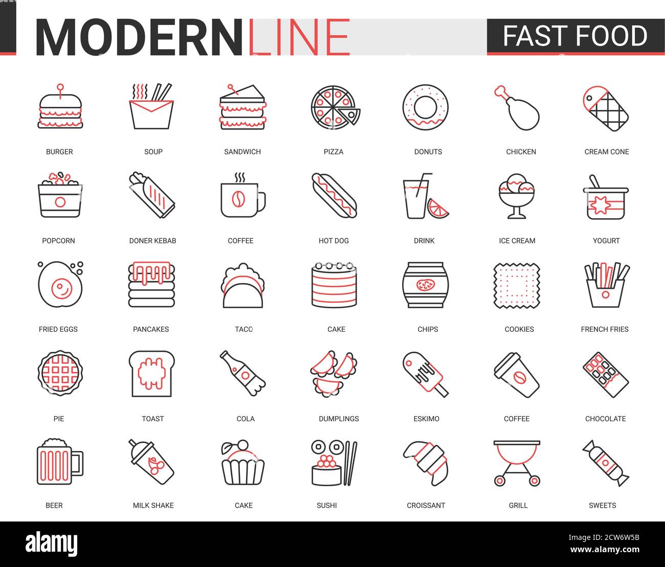 Fast food flat thin red black line icons vector illustration set ...