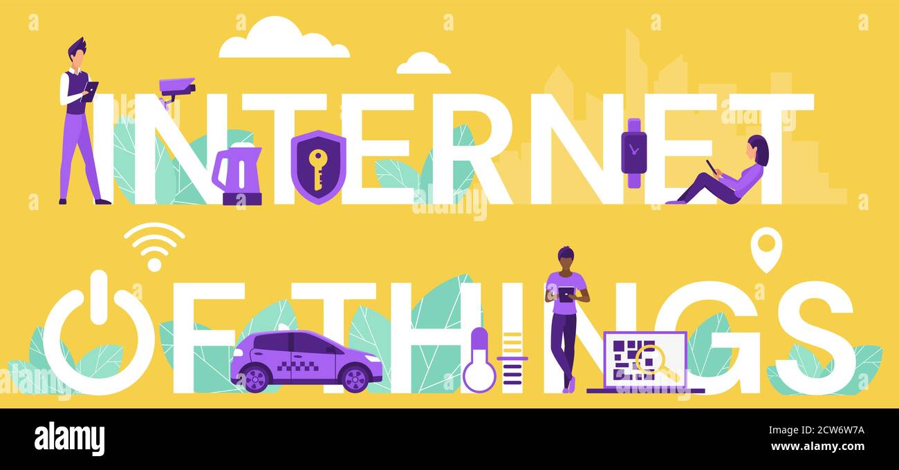 Internet of things lettering vector illustration. Cartoon flat iot ...