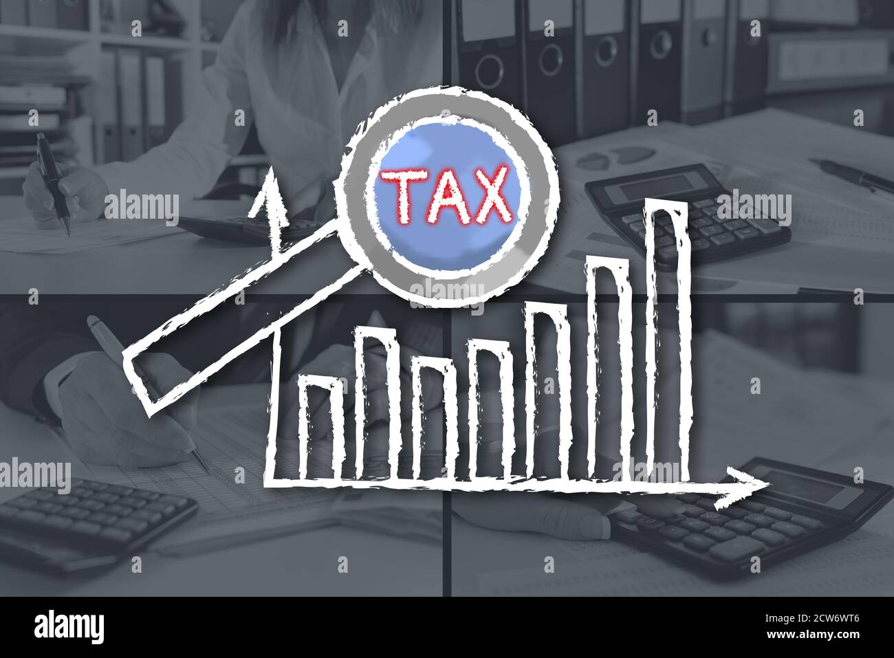 Tax analysis concept illustrated by pictures on background Stock Photo ...