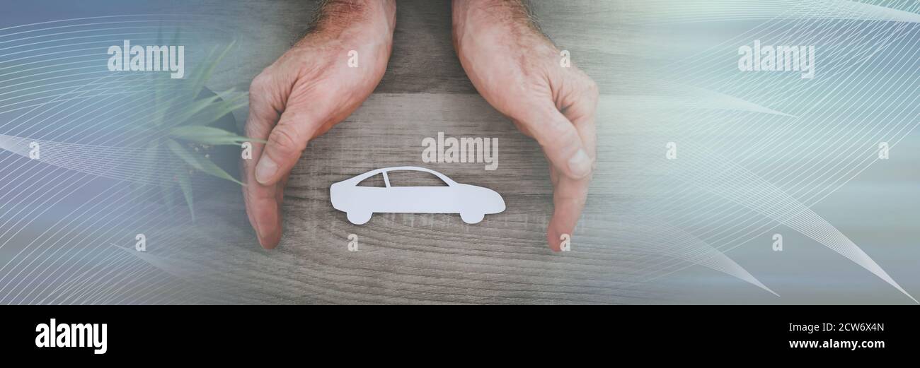 Hands protecting a car; symbol of car insurance; panoramic banner Stock ...