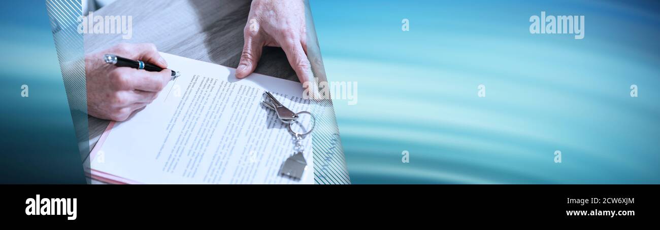 Signature of a real estate contract (lorem ipsum text used); panoramic ...