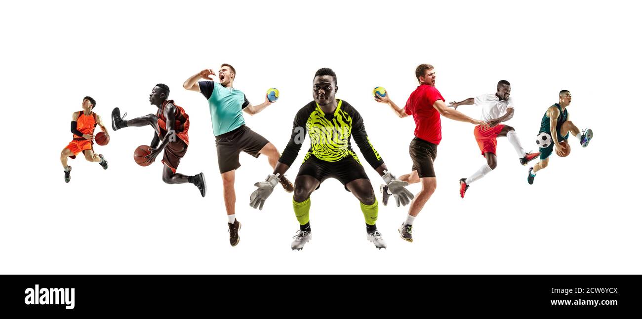 Collage of different professional sportsmen, fit men and women in ...