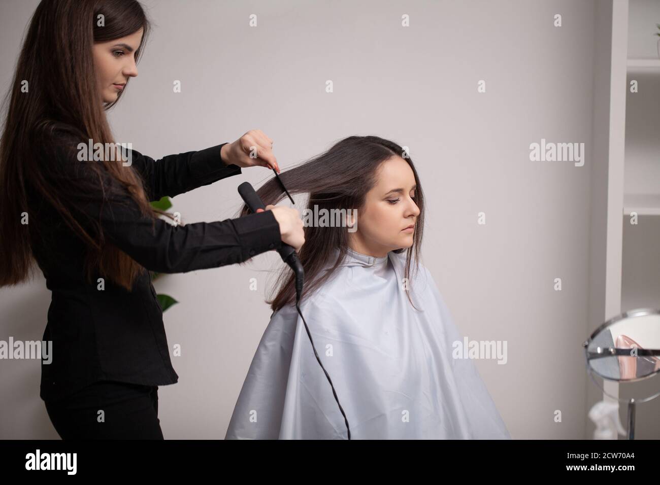Professional hairdresser working with young woman in beauty salon Stock ...