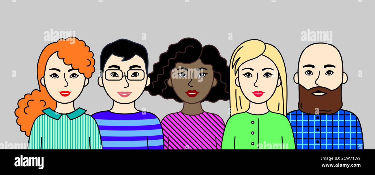 Group of people, men and women of different nations, skin and hair ...