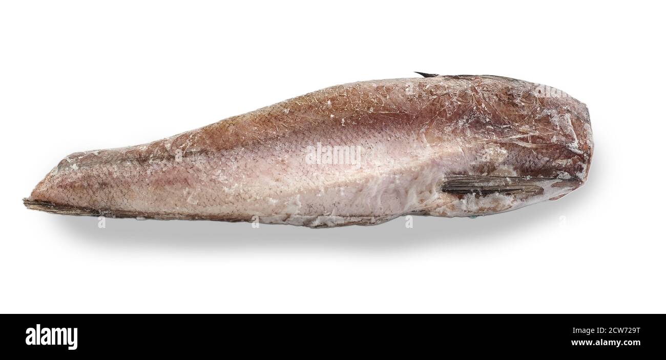 Frozen hake fish isolated on white background. Side view Stock Photo ...