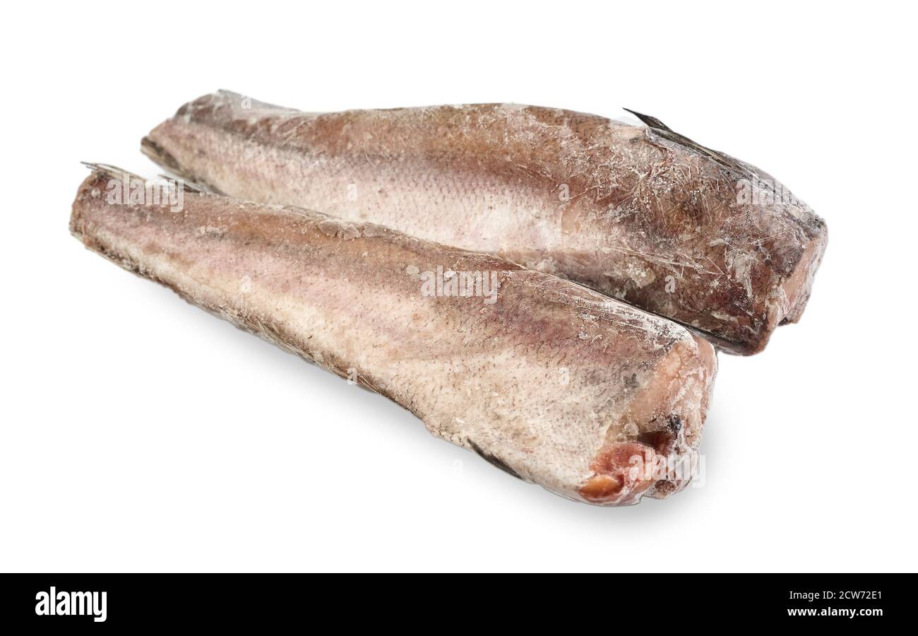Frozen hake fish isolated on white background. Side view Stock Photo ...