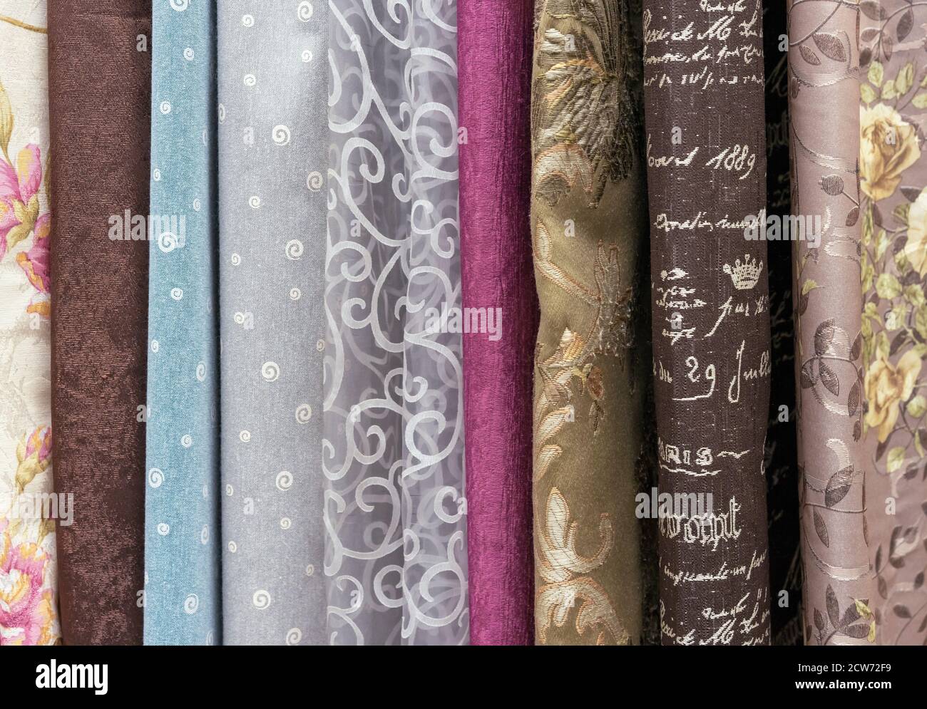Samples of curtain fabrics. Background and texture of curtains Stock ...