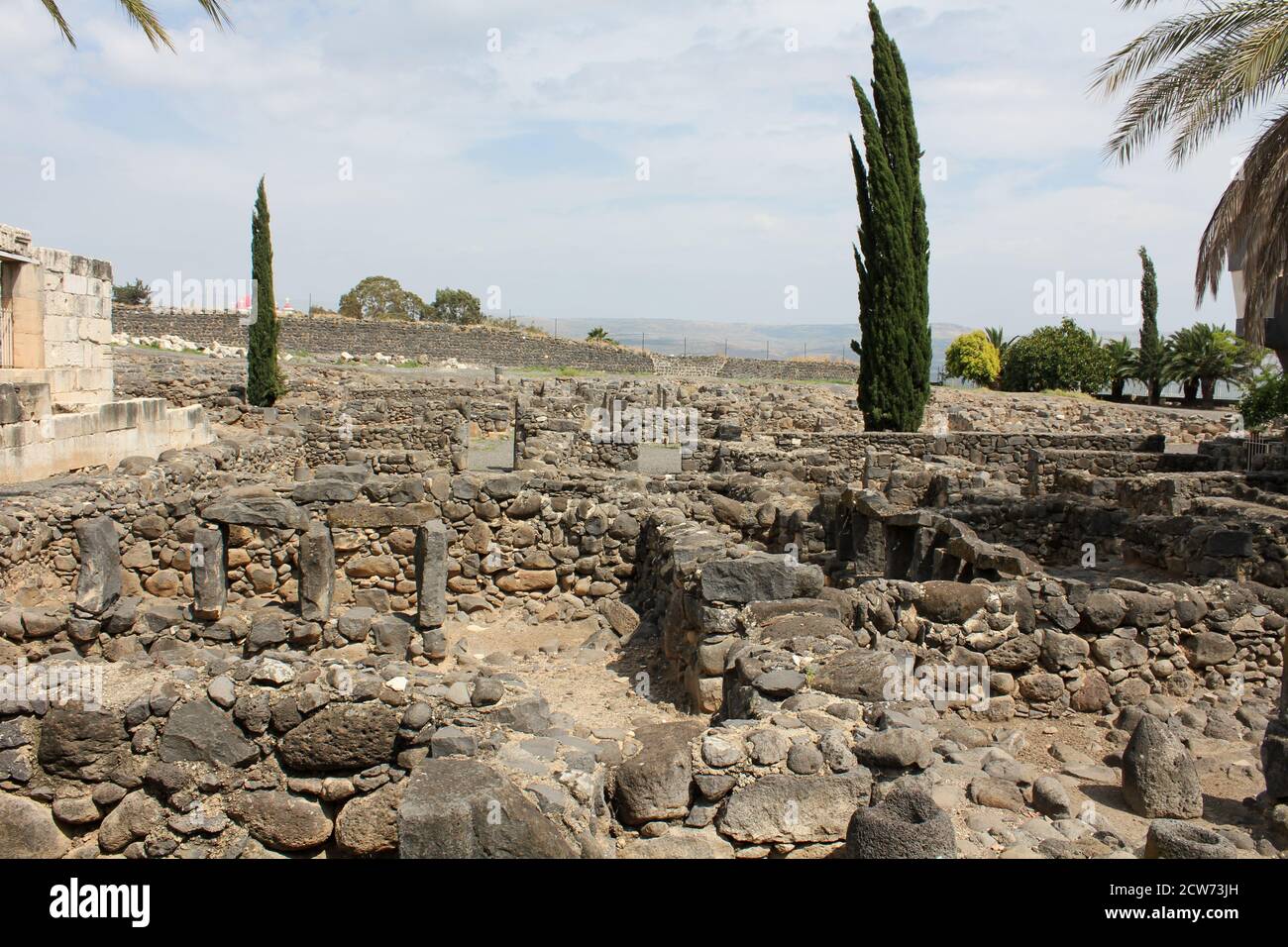 View across the ruins of the ancient Roman Garrison City of Capernaum ...